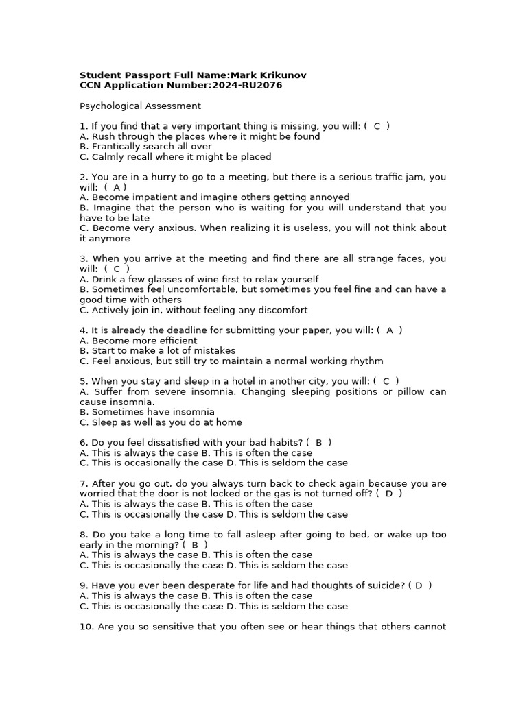 Psychological Assessment Questionnaire | PDF