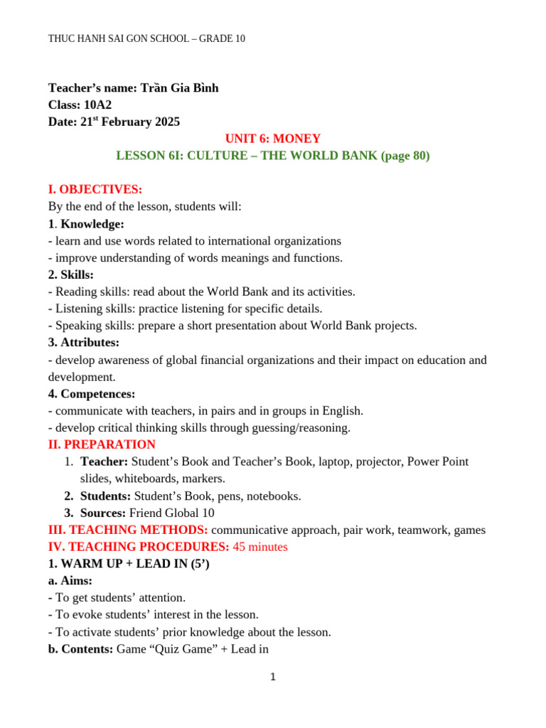 Friend Global 10 - Lesson 6I - Culture | PDF | Teachers | Cognition