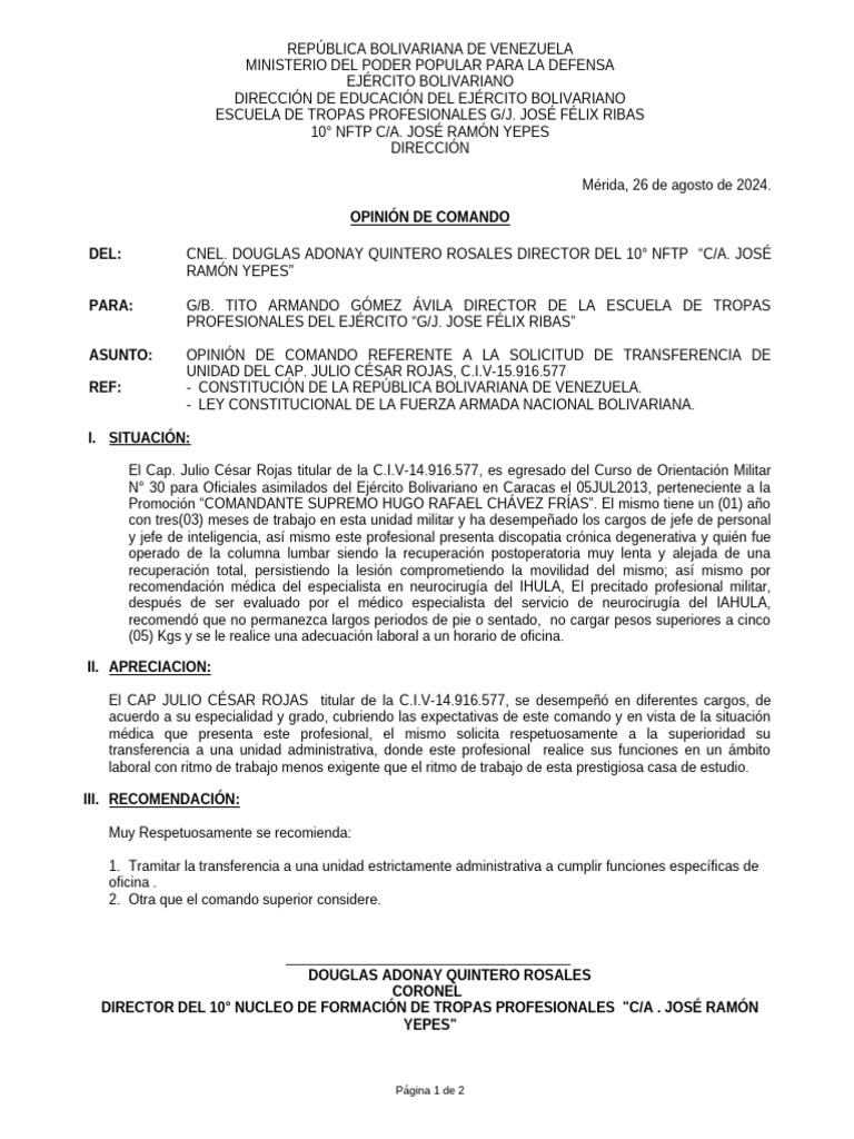 Opinion de Comando Solicitud de Transferencia Cap Julio Rojas | PDF | Oficial general | Militar
