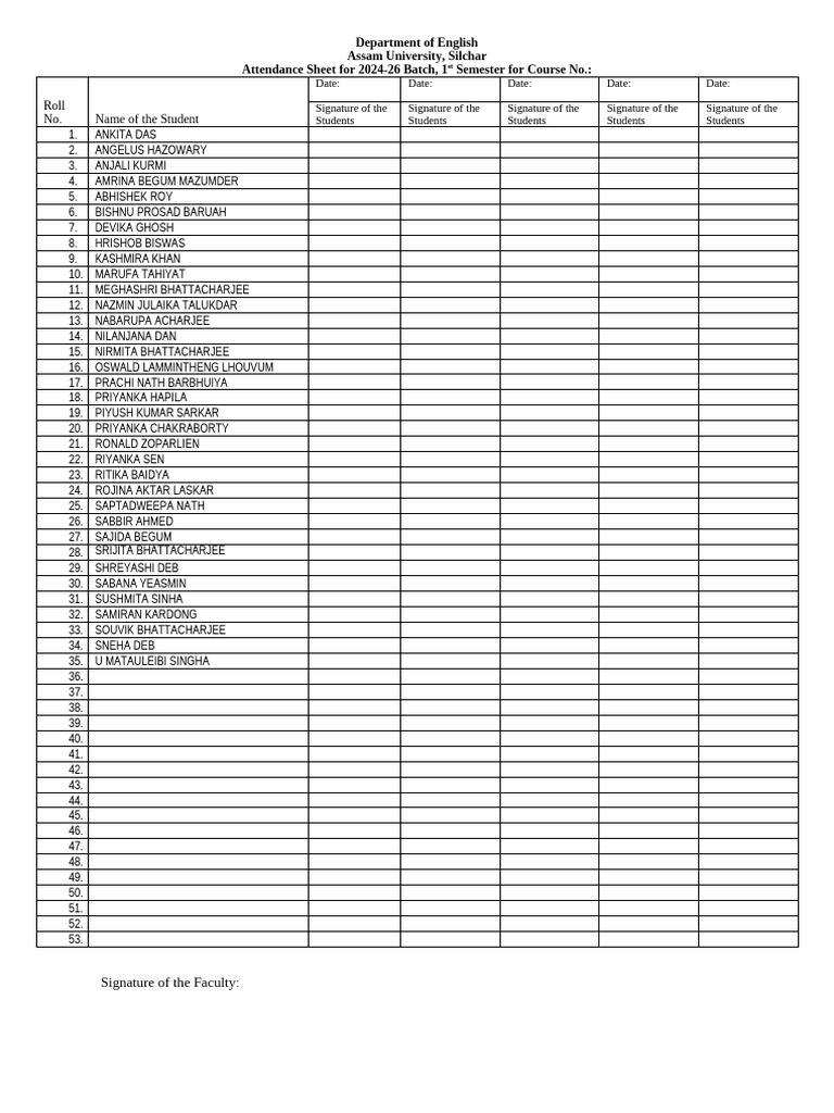 1st Semester PG Batch - 2024-26 - Attendance Sheet | PDF