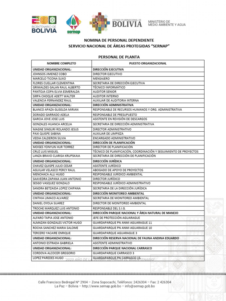 Nomina de Personal Dependiente | PDF | Bolivia | Paisaje