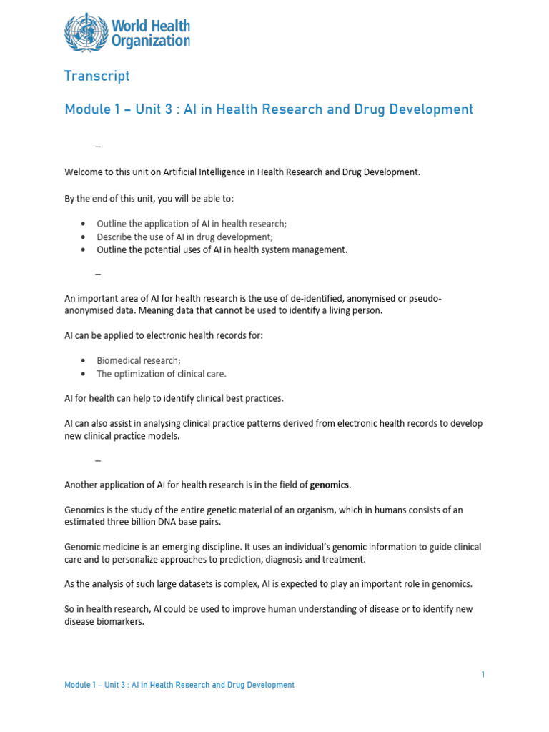 WHO EthicsAI Transcript Module1 Unit3 en v1.0 | PDF | Artificial Intelligence | Intelligence (AI ...