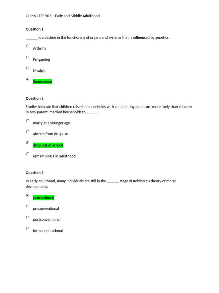 CEFS 502 - Quiz 6 - Early and Middle Adulthood | PDF | Ageing ...