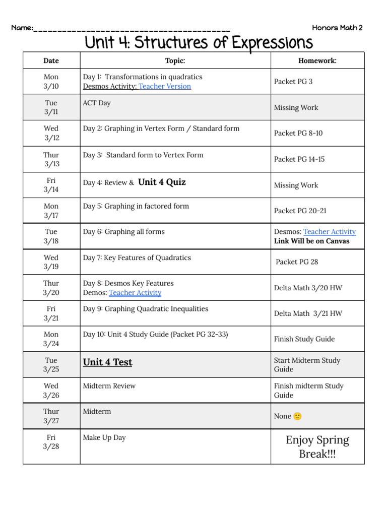 S25 Honors Math 4 Packet | PDF | Vertex (Graph Theory) | Algebra
