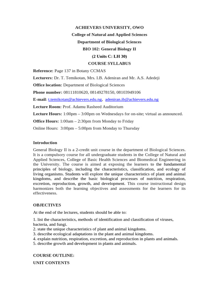 General Biology II Course Syllabus | PDF | Academic Dishonesty ...