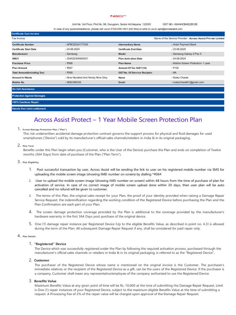 Across Assist Protect - 1 Year Mobile Screen Protection Plan | PDF | Legal Liability | Deductible