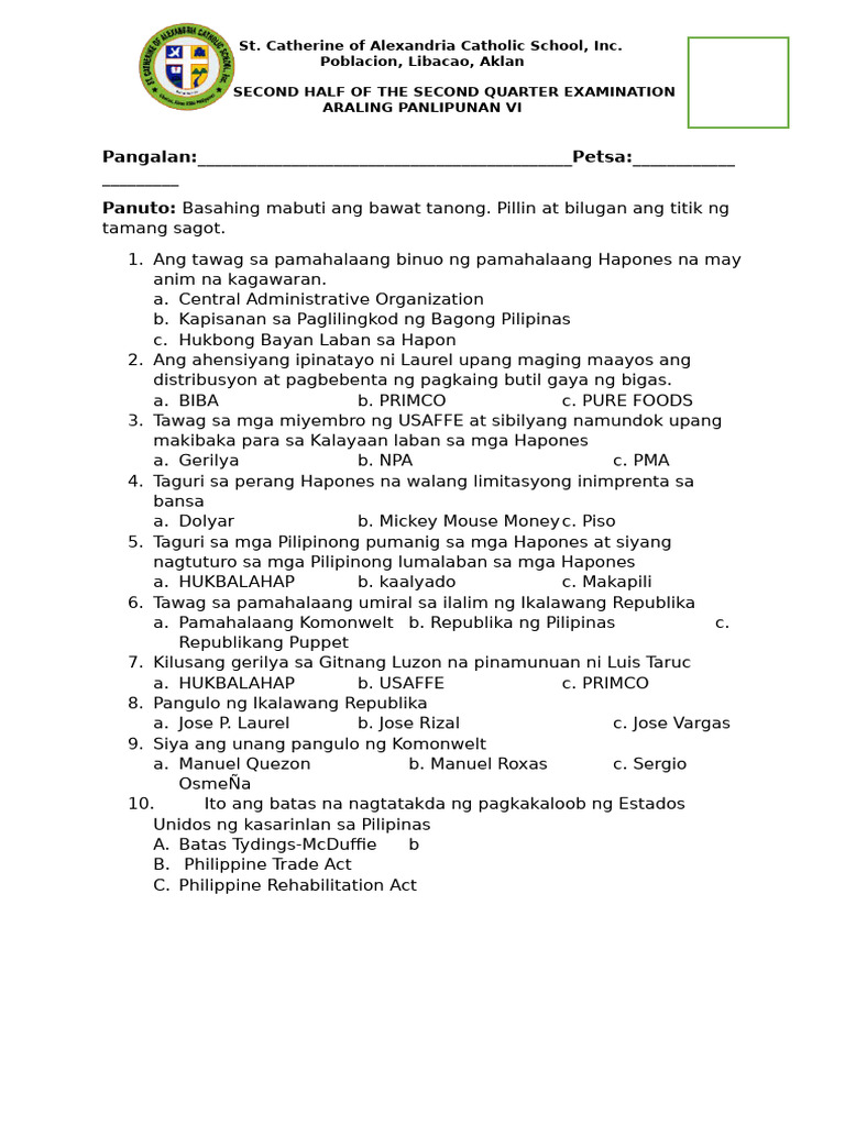 Pangalan: - Petsa: - Panuto | PDF