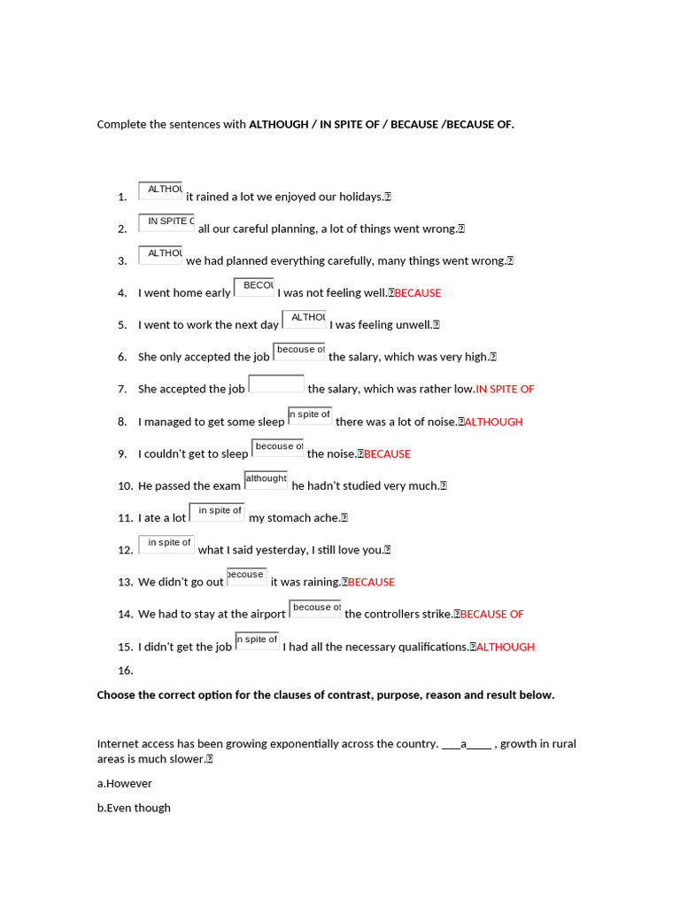 Exercises Connectors of Contrast Reason Purpose and Result | PDF