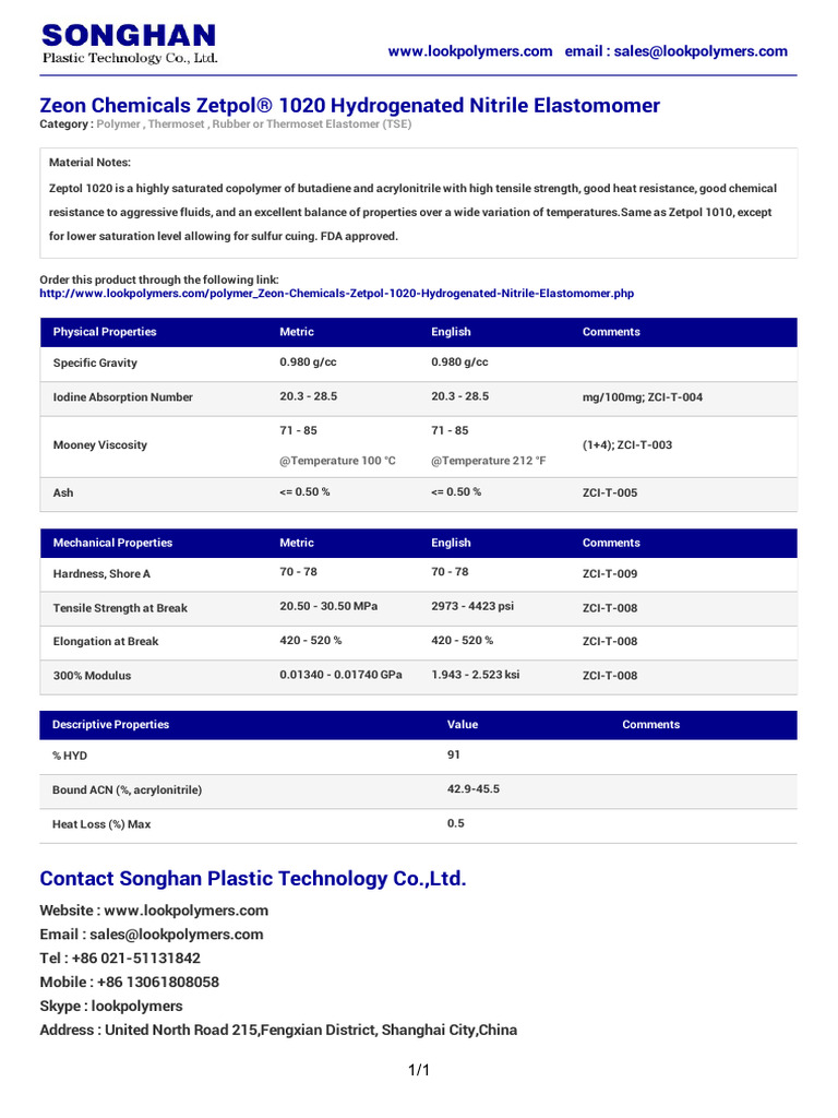 Zeon Chemicals Zetpol 1020 Hydrogenated Nitrile Elastomomer | PDF ...