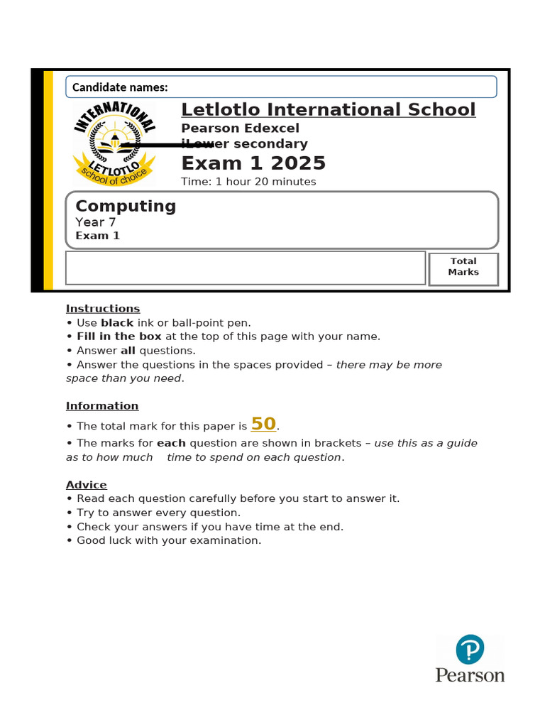Year 7 Computing Exam Instructions | PDF