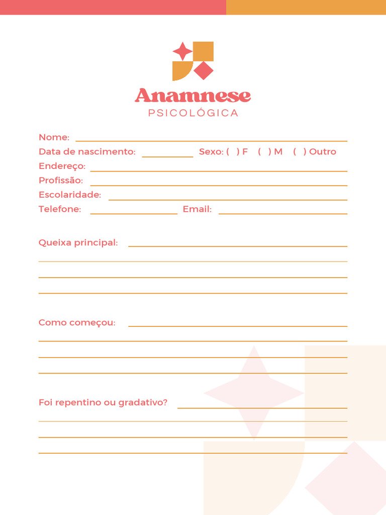 Ficha de Anamnese Simples para Psicóloga Psicologia Formas Rosa e Laranja | PDF