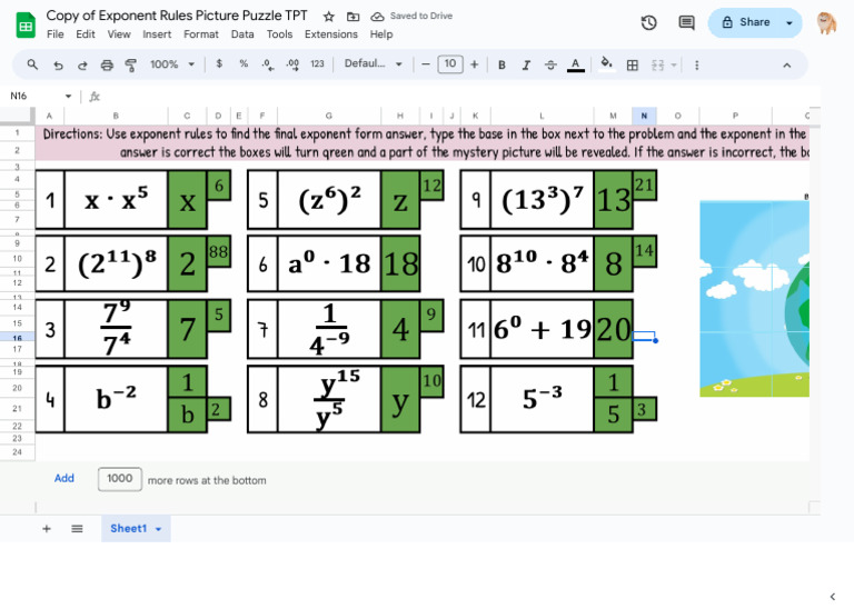 Copy of Exponent Rules Picture Puzzle TPT - Google Sheets | PDF