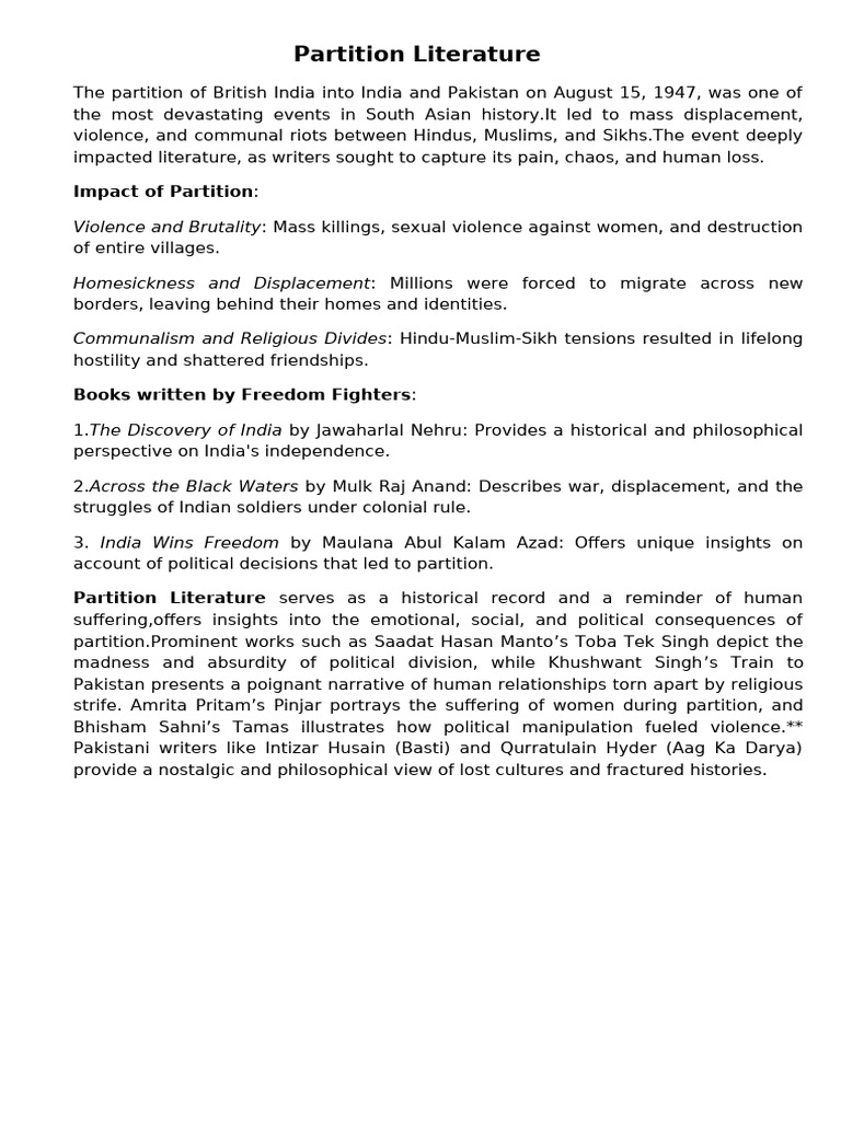 Partition Literature | PDF