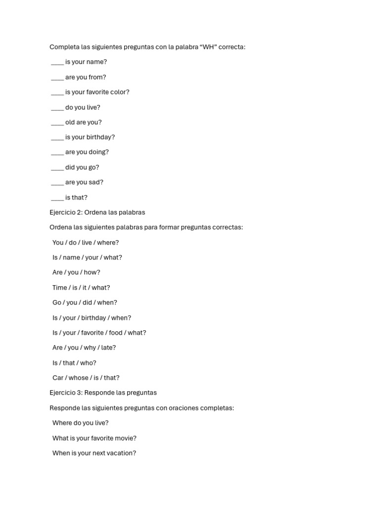 WH Question Words Exercises | PDF