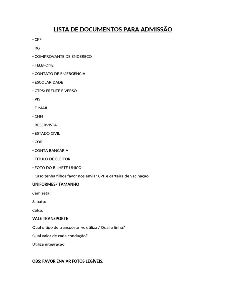Lista de Documentos para Admissão Atualizada | PDF