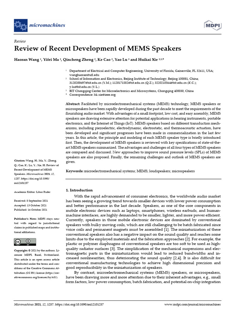 1y Review of Recent Development of MEMS Speakers | PDF | Loudspeaker | Piezoelectricity