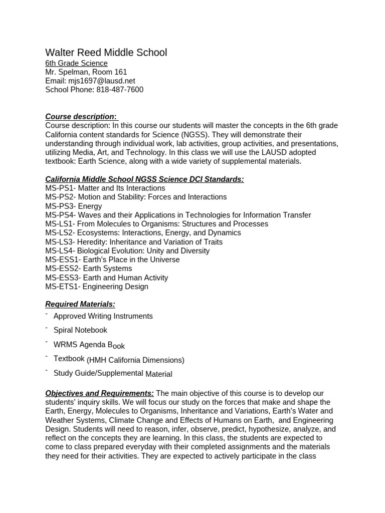 Reed MS 6th Grade Science Syllabus-4 | PDF | Heredity | Science