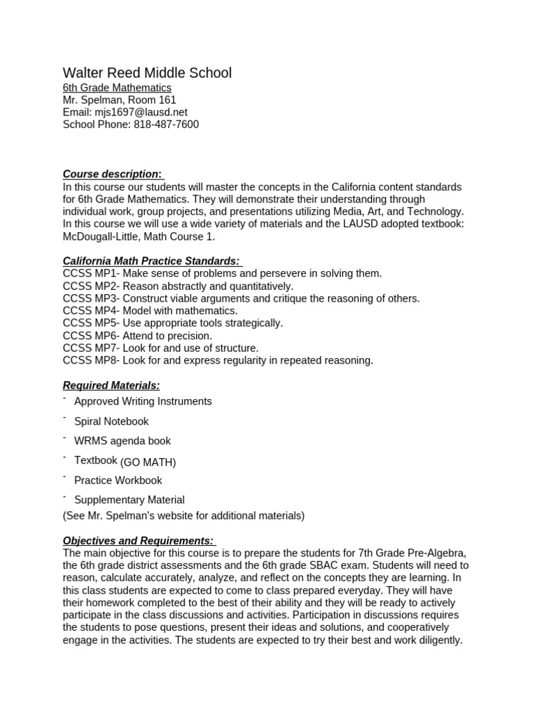 Reed MS 6th Grade Math Syllabus-2 | PDF | Mathematics | Reason