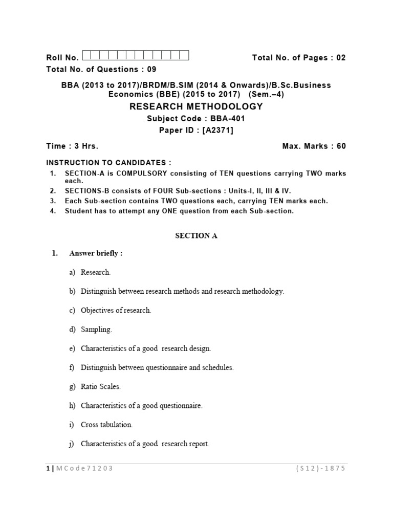 Bba 4 Sem Research Methodology A2371 Dec 2018 | PDF | Methodology ...