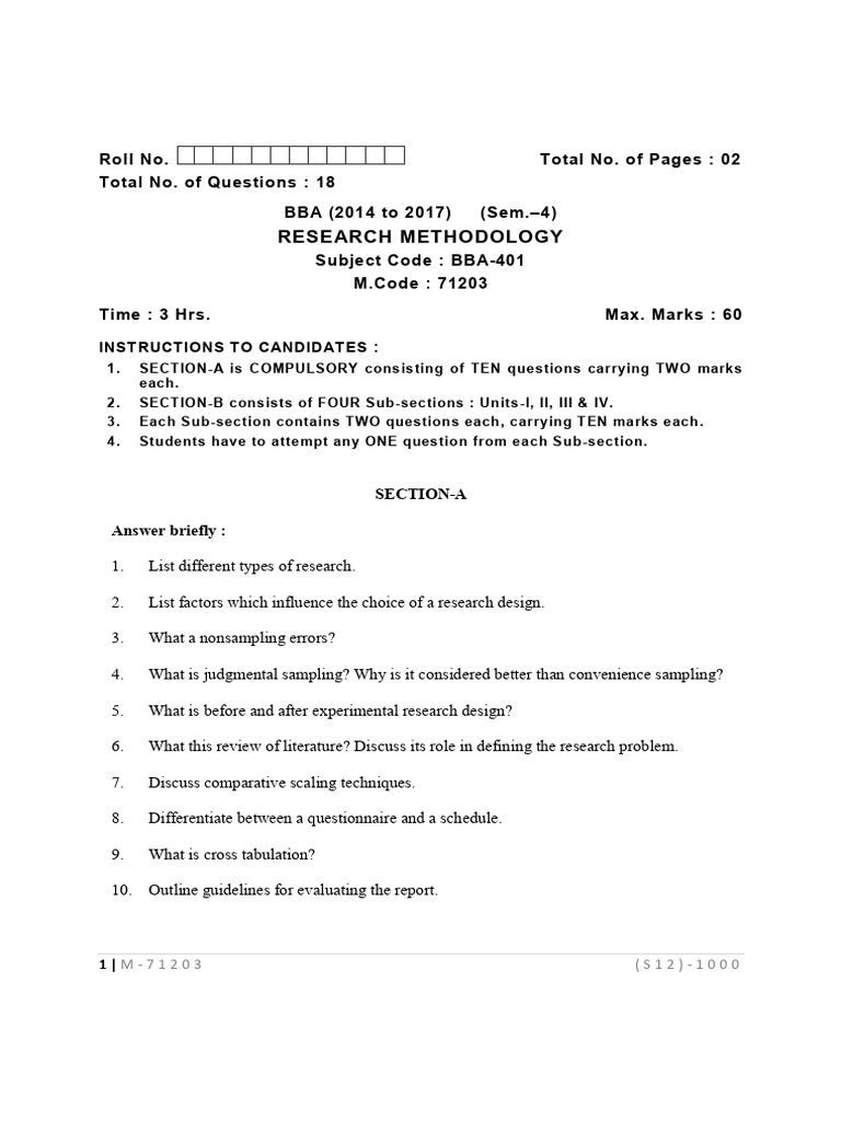 Bba 4 Sem Research Methodology 71203 Dec 2020 | PDF | Methodology | Sampling (Statistics)