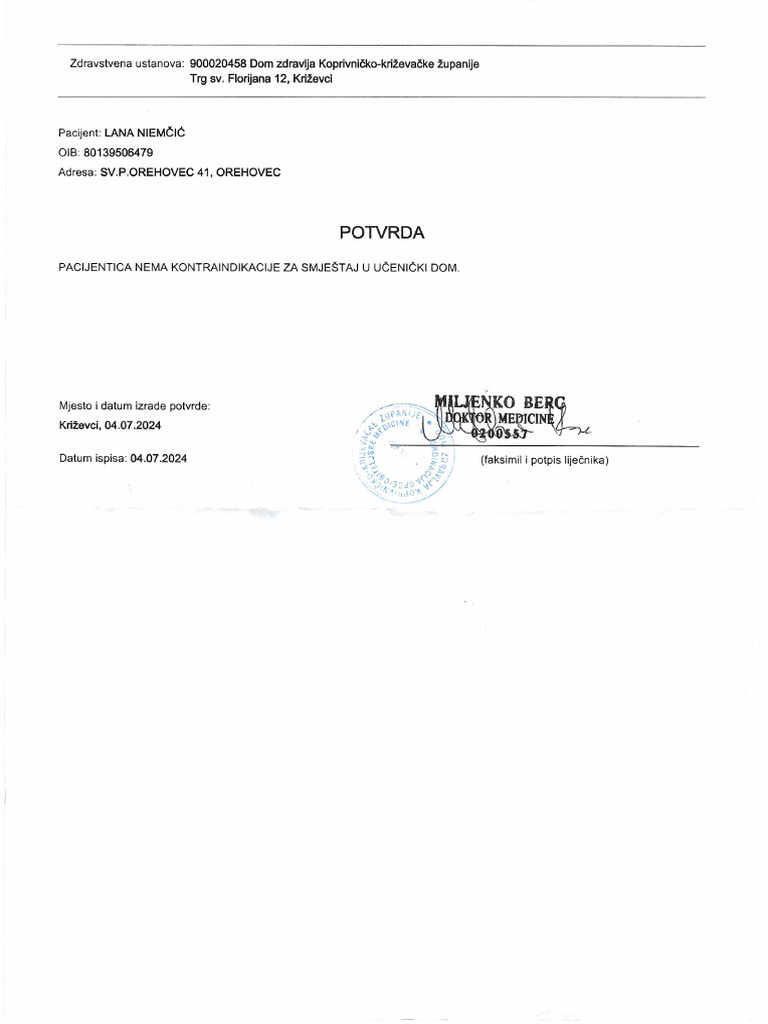 Potvrda Liječnika Opće Prakse | PDF