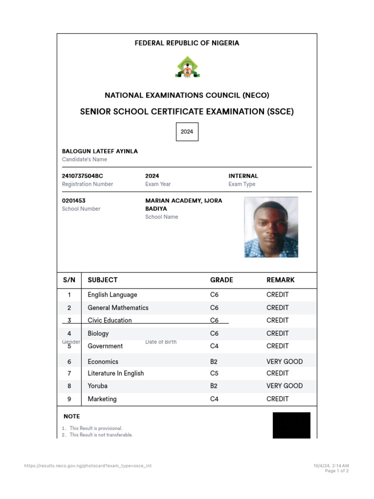 NECO Results Portal | PDF