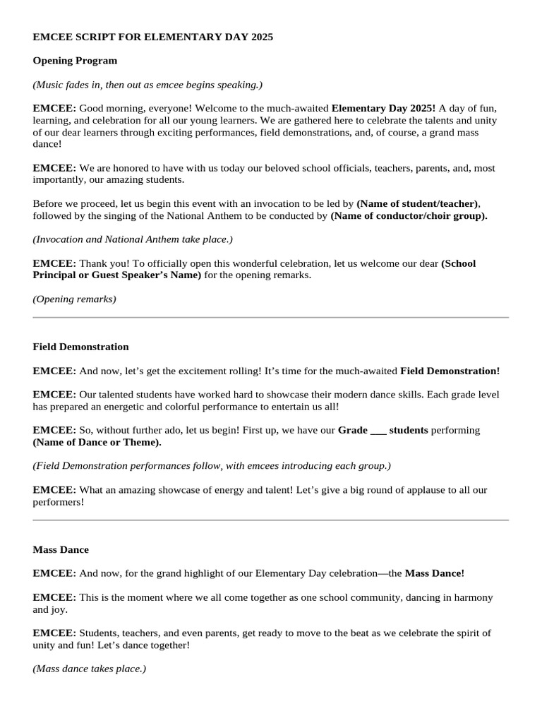 Emcee Script For Elementary Day 2025 | PDF | Performing Arts