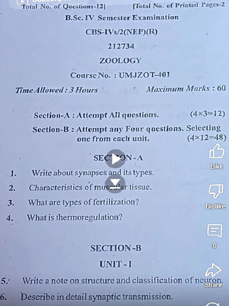 Pervious Year Paper Zoology | PDF