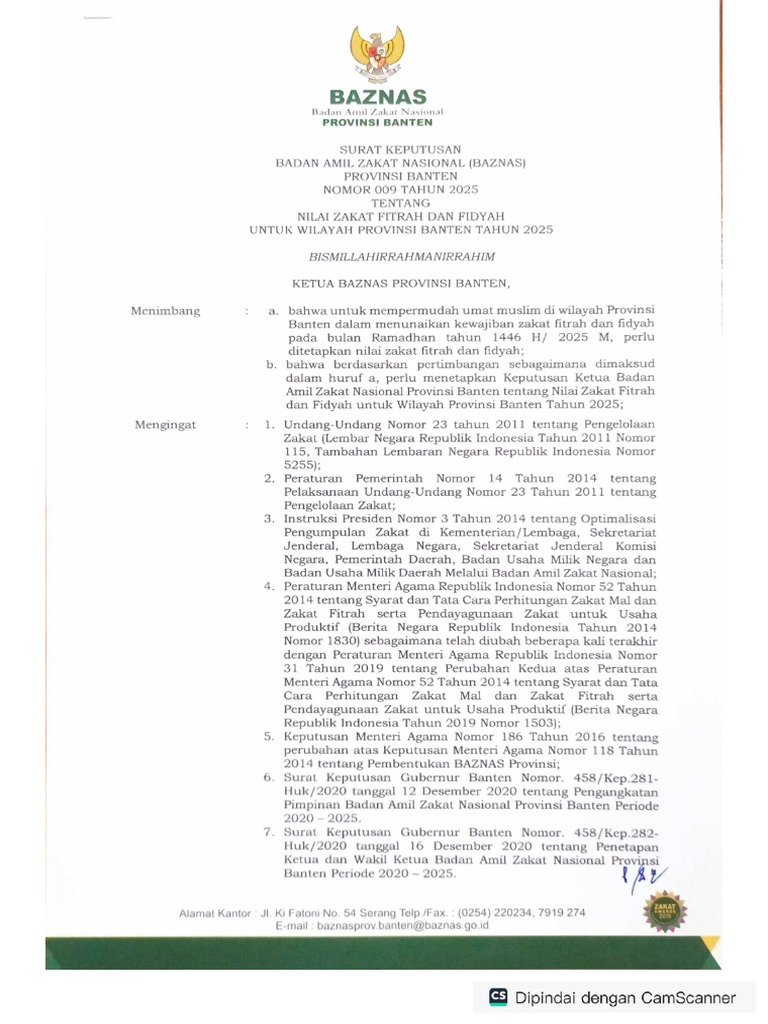 SK Nilai Zakat Fitrah Dan Fidyah 2025 | PDF