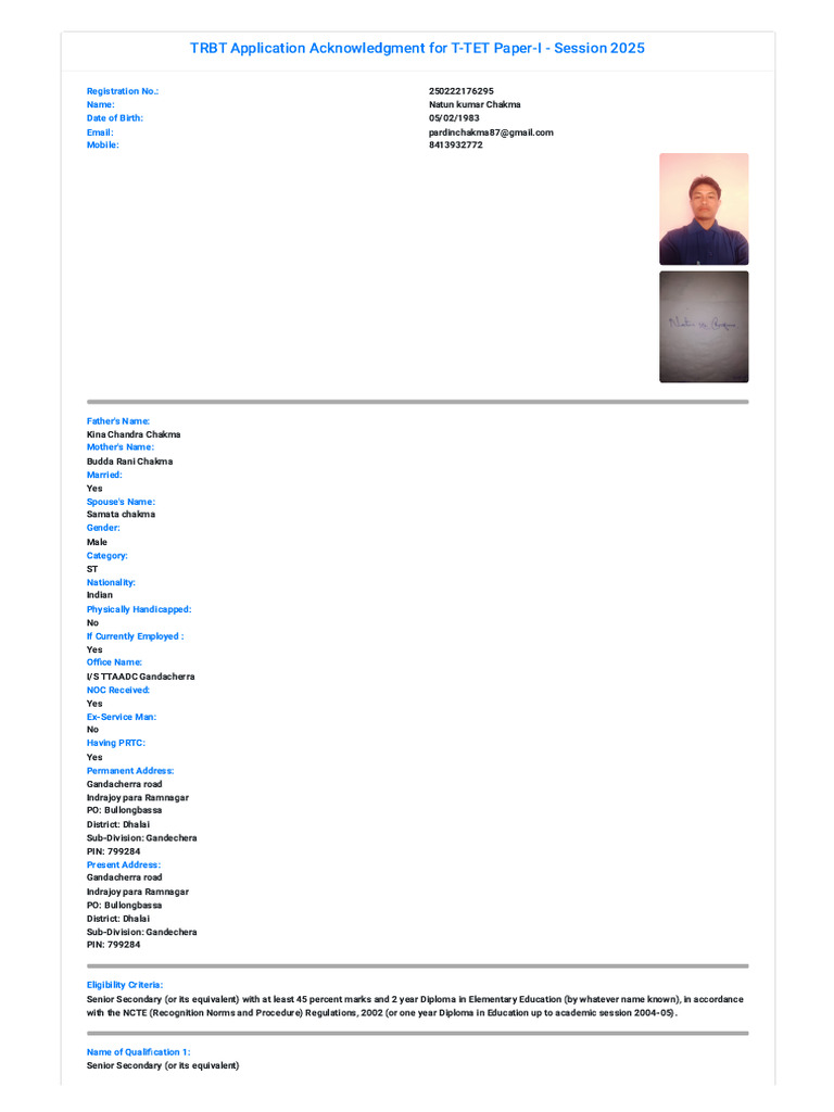 TRBT - Application Acknowledgment | PDF | Educational Stages