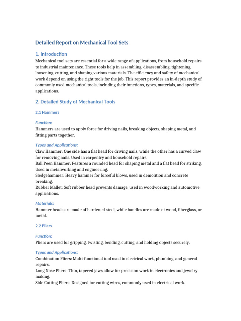 Mechanical Tool Sets Report Complete | PDF | Screw | Hammer