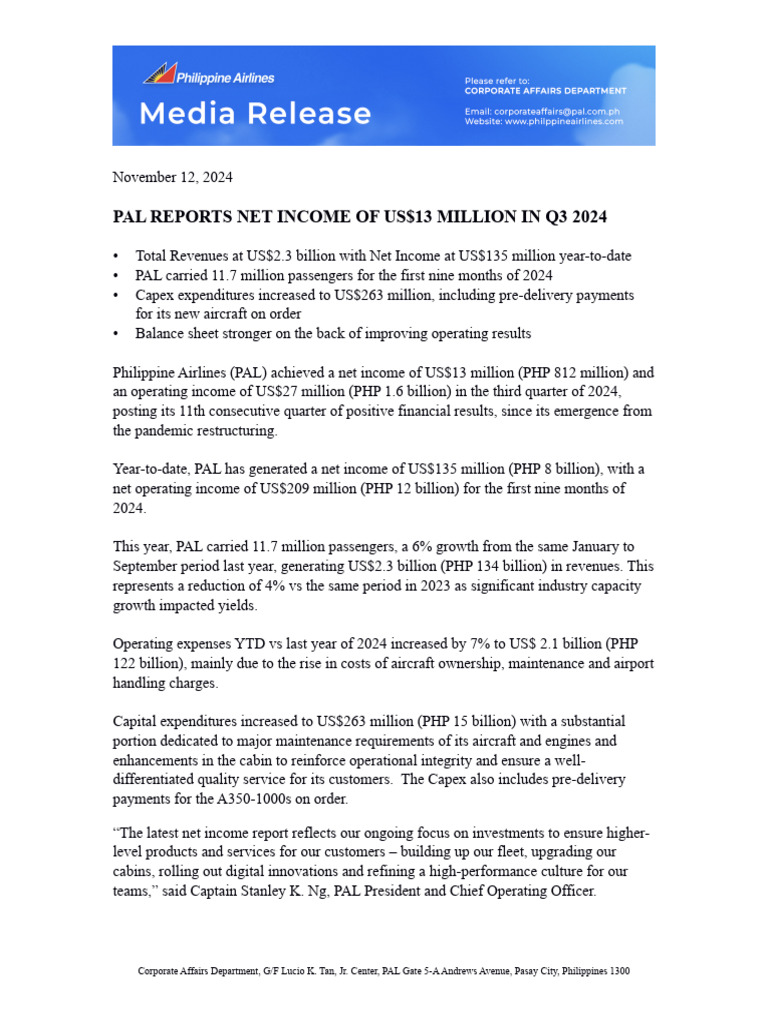 PAL Reports Net Income of US13 Million in Q3 2024 11122024 | PDF ...
