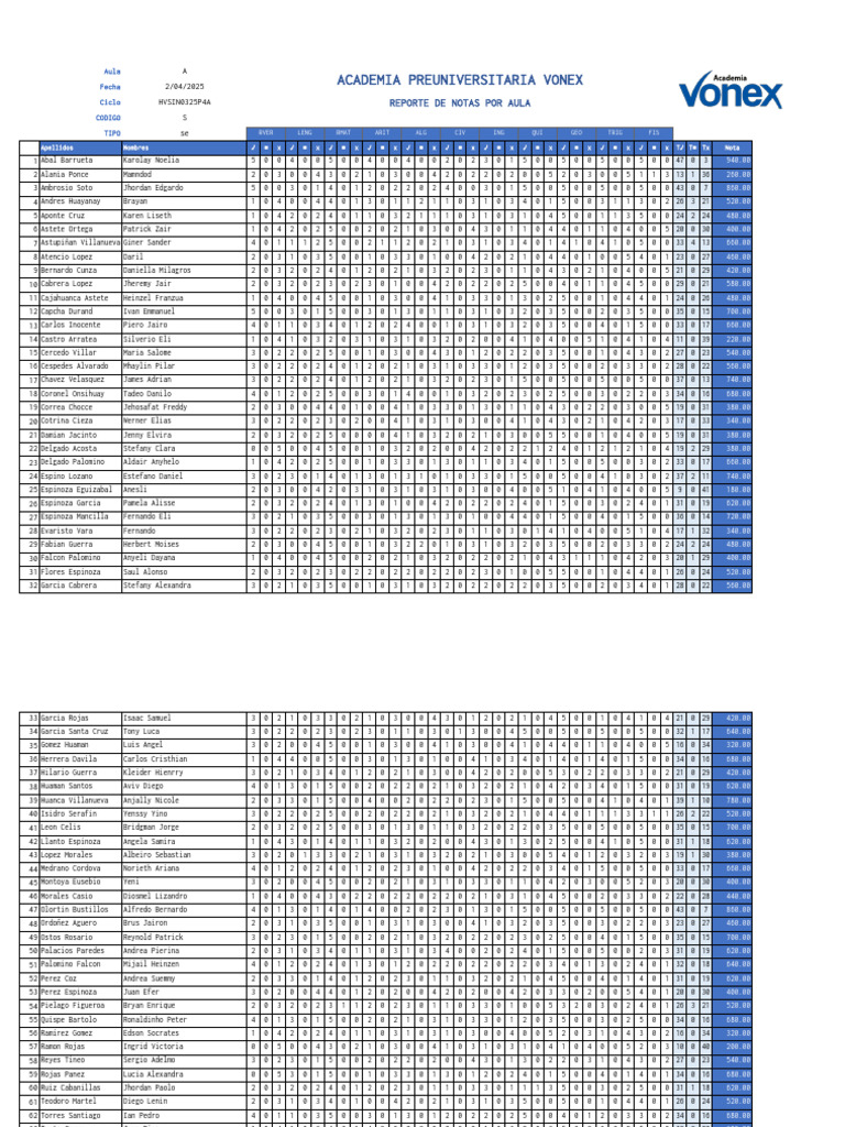 Reporte de Notas por Aula 2025 | PDF