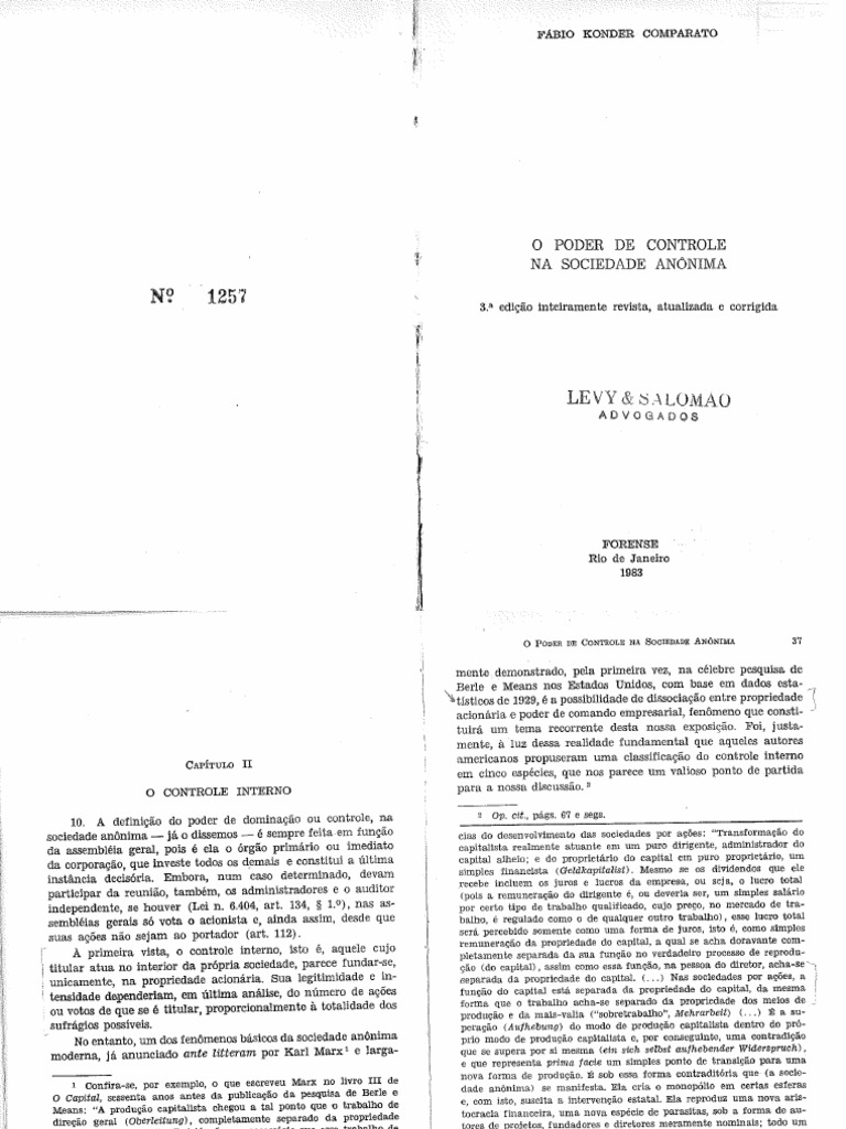 COMPARATO, (CAP. 2) O Poder de Controle na Sociedade Anônima | PDF