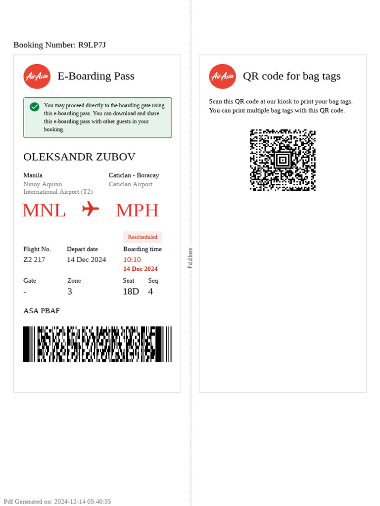 E-Boarding Pass QR Code For Bag Tags: Booking Number: R9LP7J | PDF ...