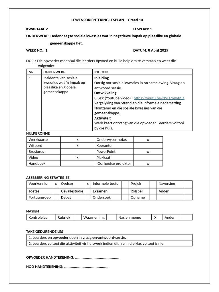 Lewensoriëntering Lesplan K2 | PDF