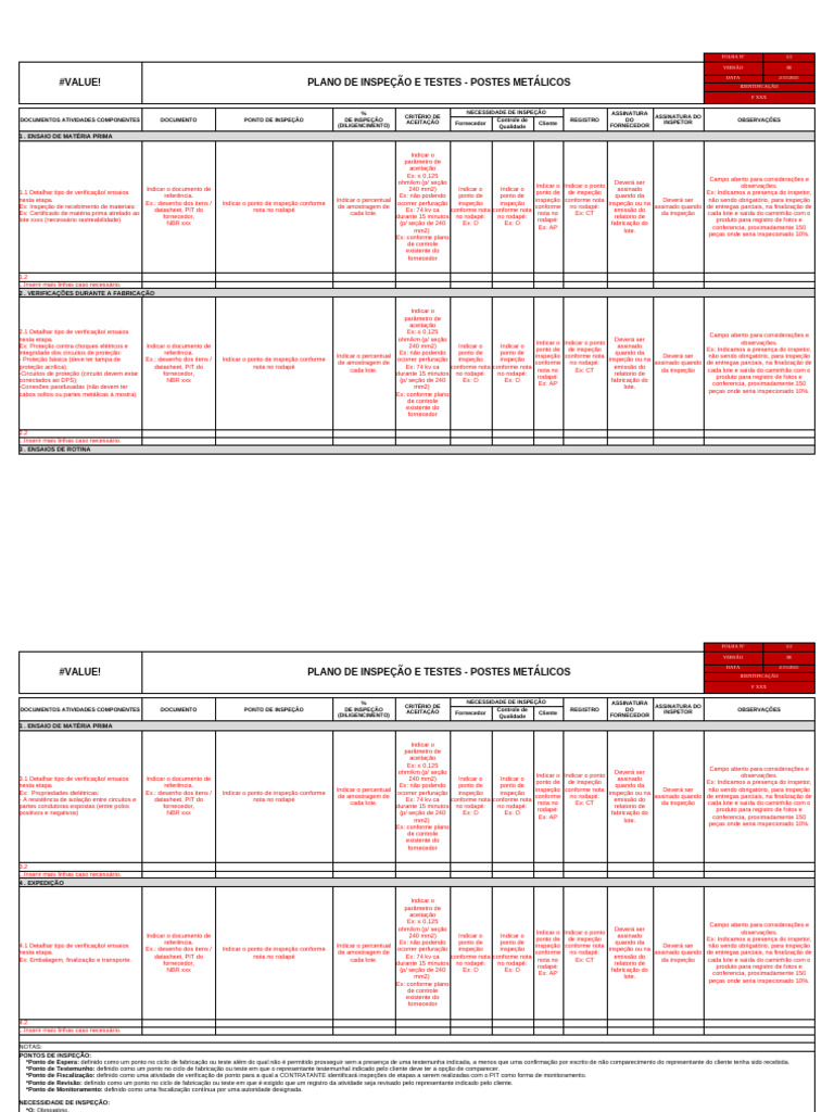 Modelo - Plano de Inspeção e Testes - Com Exemplos | PDF