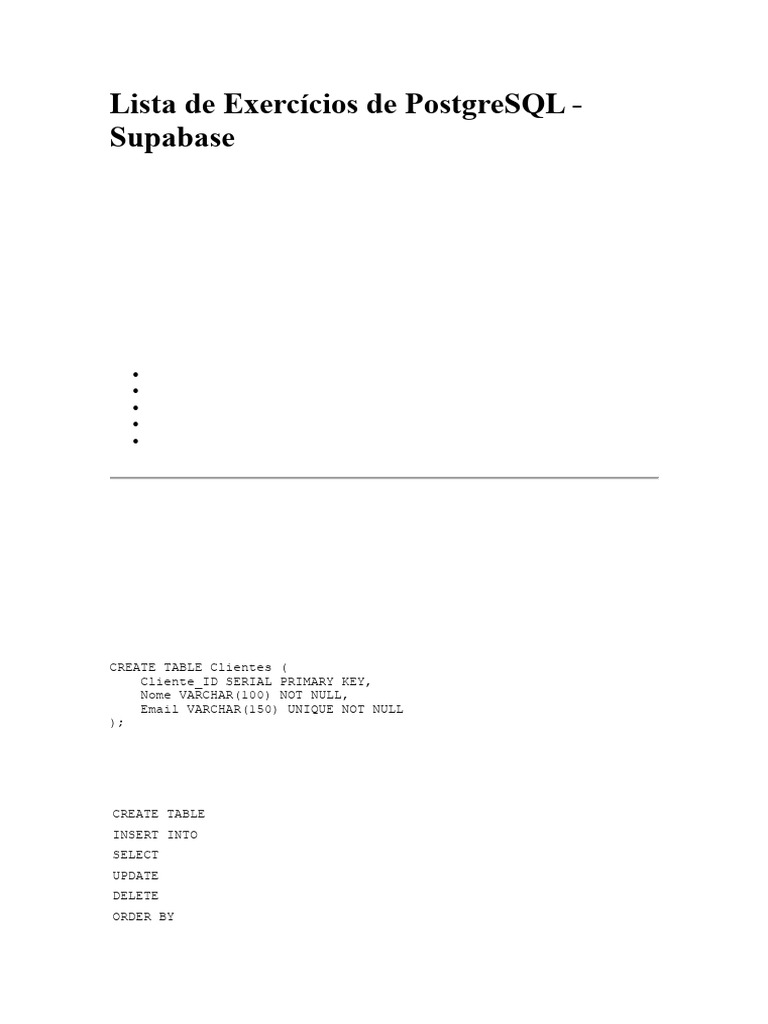 18 - Lista de Exercícios de PostgreSQL - BASICO | PDF | SQL | Tabela (banco de dados)