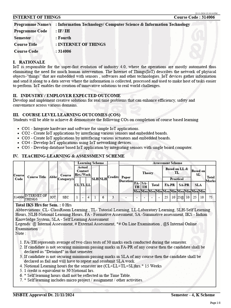 IoT Course Syllabus for Semester 4 | PDF | Internet Of Things ...