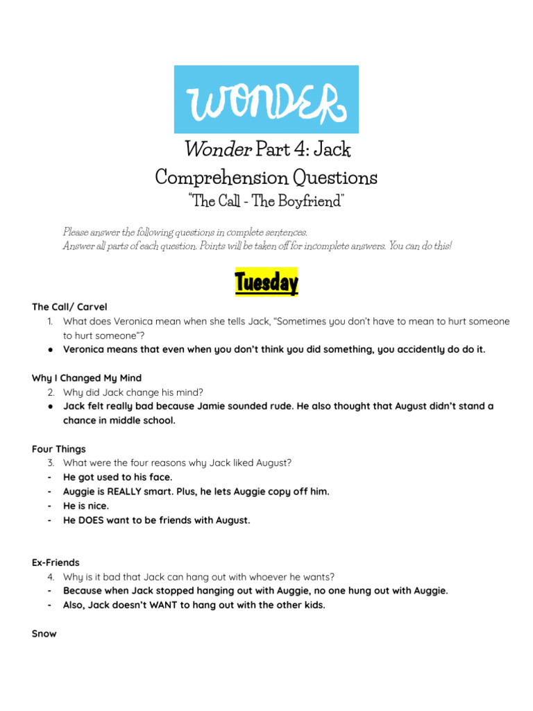 Wonder Part 4: Jack Comprehension Guide | PDF