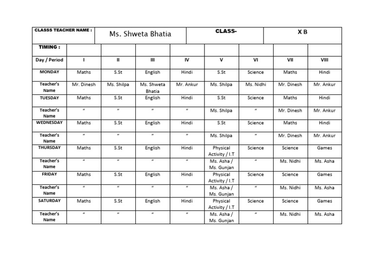 Ms. Shweta Bhatia: Day / Period I II III IV V VI VII Viii | PDF