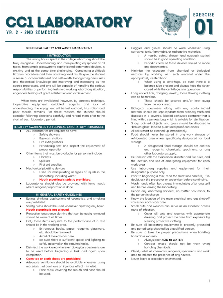 CC1 - Lab 1 - Biological Safety and Waste Management | PDF | Personal Protective Equipment ...
