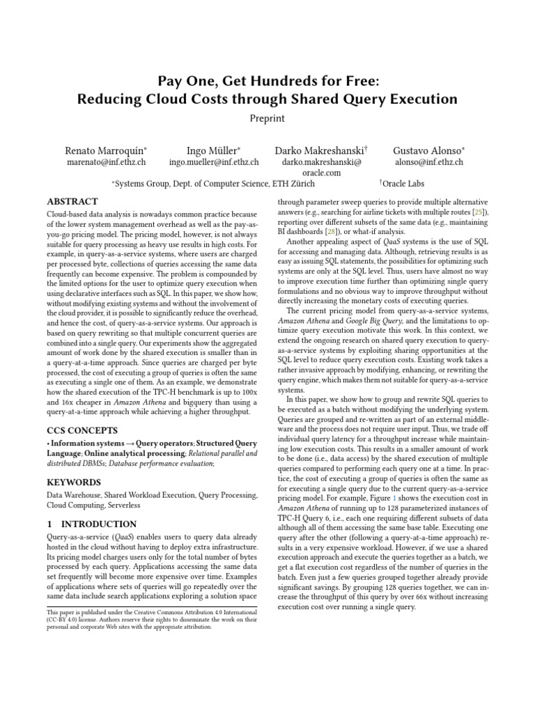 Pay One, Get Hundreds For Free: Reducing Cloud Costs Through Shared Query Execution | PDF ...