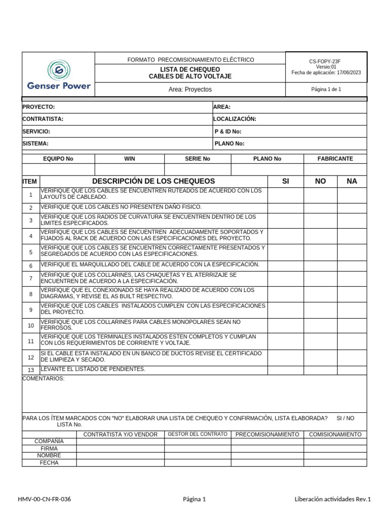 09 - Elec - Cs-Fopy-23f-R1 Eléctrico-Lista de Chequeo, Cables de Alto ...