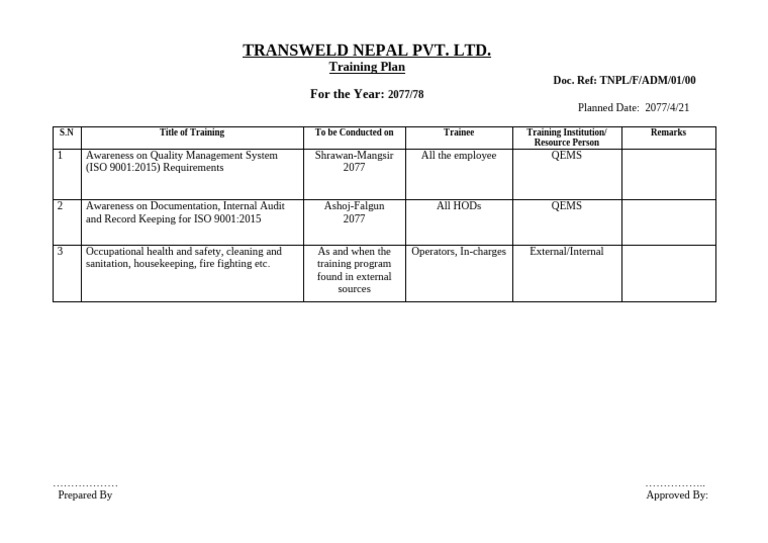Training Plan for ISO 9001:2015 Compliance | PDF