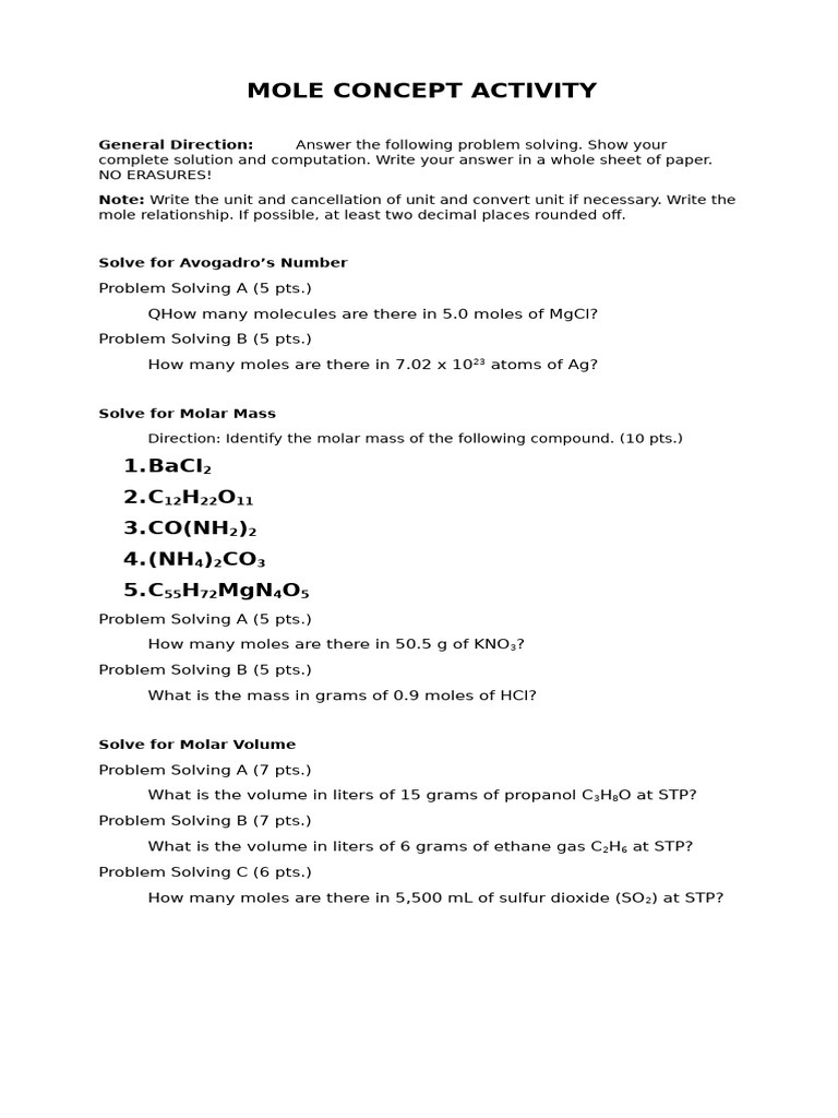 Mole Concept Activity | PDF