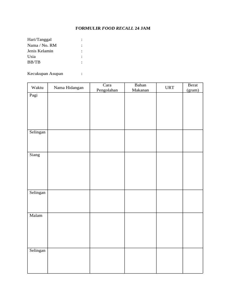Formulir Food Recall 24 Jam | PDF