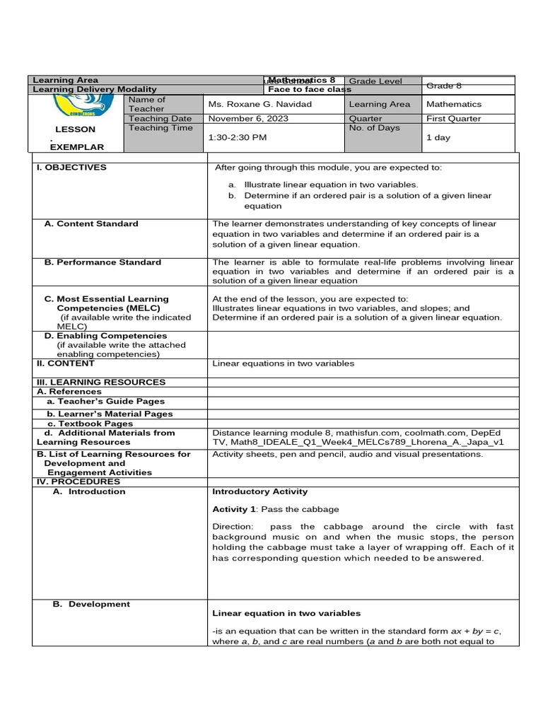 LESSON PLAN - 01-Linear Equations in Two Variables | PDF | Equations ...