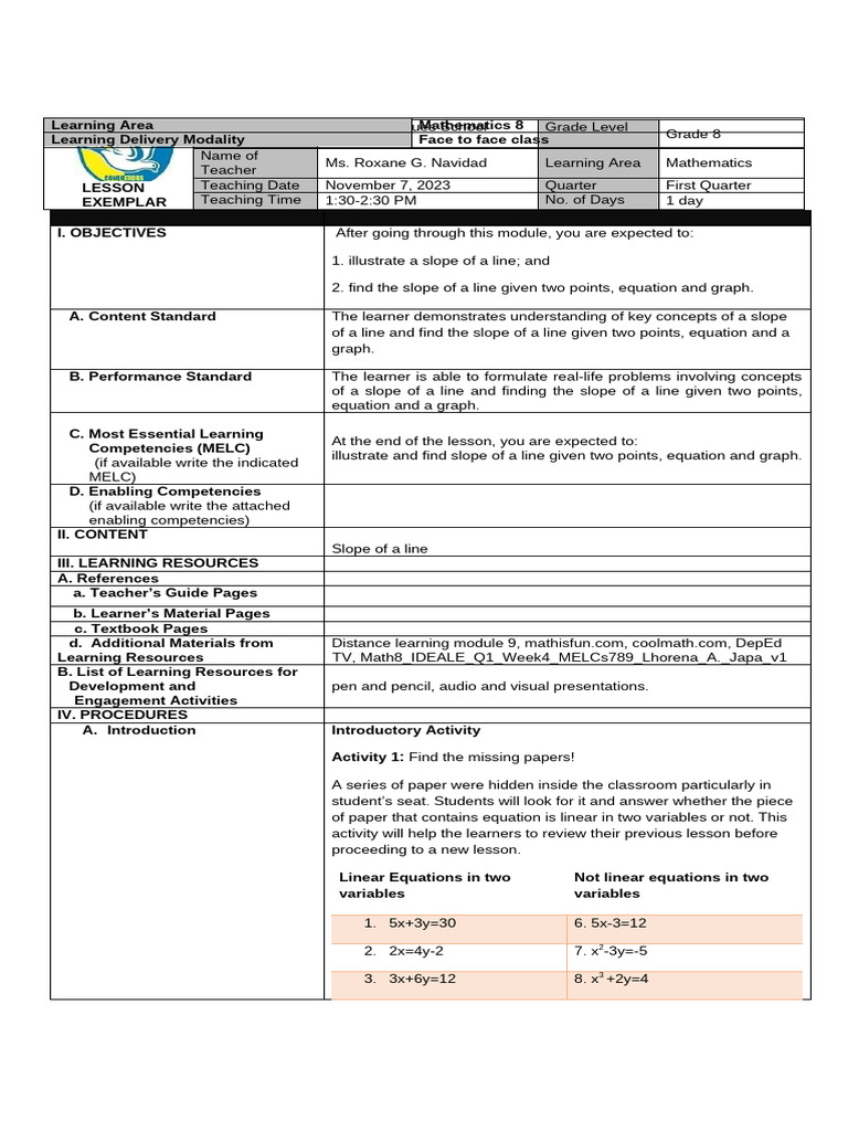 LESSON PLAN - 02-Slope of A Line | PDF | Learning | Slope