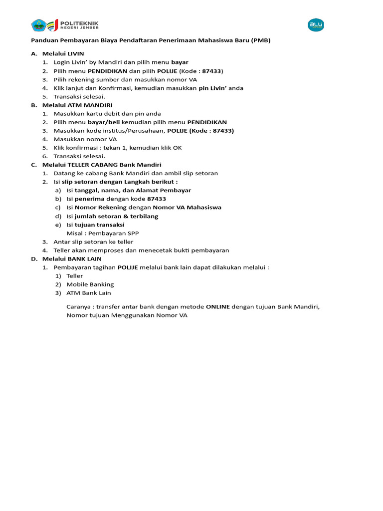 Panduan Pembayaran PMB | PDF